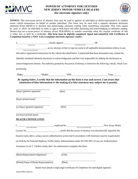Nj Mvc Form Dlr Nspoa Power Of Attorney For Licensed New Jersey Motor Vehicle Dealers Forms