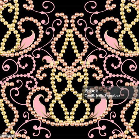 빈티지 장식 3d 진주 목걸이 다 마 스크 패턴 원활한 벡터 보석 손 그린된 페이 즐 리 장식 우아한 꽃 잎 소용돌이 선 진주 보석 화려한 현대 배경 0명에 대한 스톡 벡터