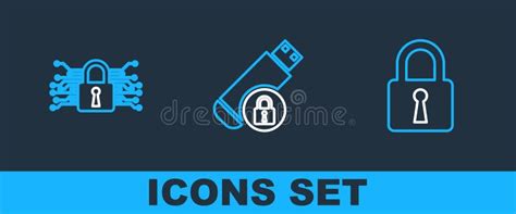 Set Line Lock Cyber Security And USB Flash Drive With Lock Icon Vector Stock Illustration