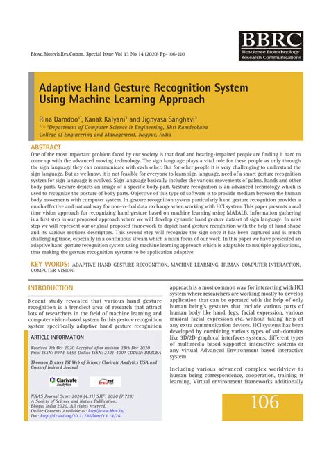 PDF Adaptive Hand Gesture Recognition System Using Machine Learning Approach