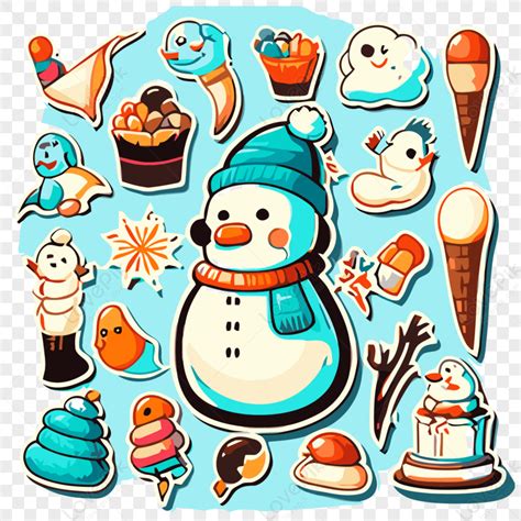 파란색 배경 일러스트 클립 아트에 눈사람과 아이스크림이 있는 스티커 세트 벡터이스트상표 Png 일러스트 무료 다운로드 Lovepik