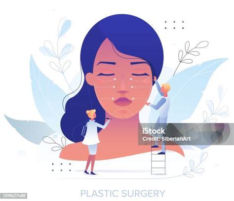 의사 성형 외과 의사는 여성의 얼굴에 마커와 절개 라인을 그리기 벡터 일러스트 성형 미적 수술 성형수술에 대한 스톡 벡터 아트