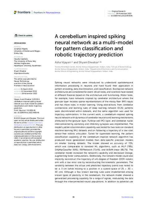 Pdf A Cerebellum Inspired Spiking Neural Network As A Multi Model For Pattern Classification