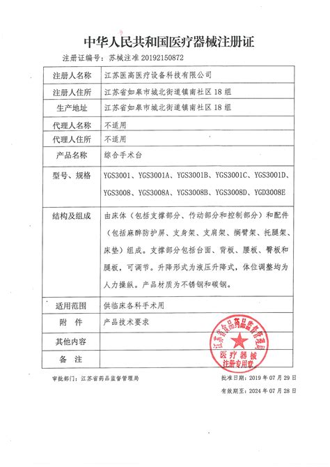 荣誉资质 江苏医高医疗设备科技有限公司从事生产手术床手术台手术无影灯 无影灯 电动手术床 液压手术床 妇科手术床 医用吊塔 手术室吊塔