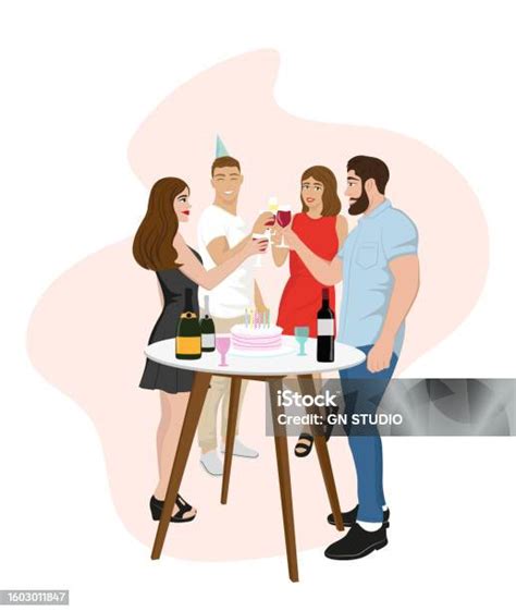 생일 파티 만화 축하 행복한 남자와 여자 휴일 축제 여자 알코올 와인 땡땡이 안경 축하 촛불 디저트 축하 벡터 그림입니다 파티에