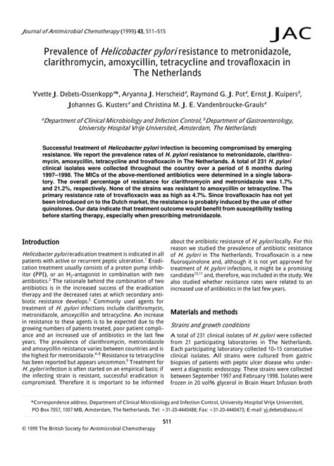 Pdf Prevalence Of Helicobacter Pylori Resistance To Metronidazole Clarithromycin Amoxycillin