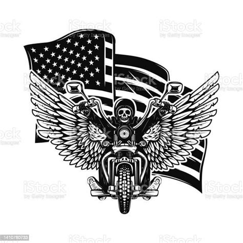 미국 국기 배경에 날개 달린 오토바이의 그림 포스터 카드 배너 기호 엠블럼을위한 디자인 요소 벡터 일러스트 레이 션 4세기에 대한 스톡 벡터 아트 및 기타 이미지 Istock
