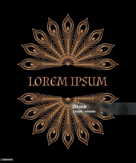 럭셔리 로얄 패턴 만다라 벡터 엠블럼 민족 공작 깃털 라벨 골드 블랙 태그 템플릿 디자인 공작 깃털에 대한 스톡 벡터 아트 및