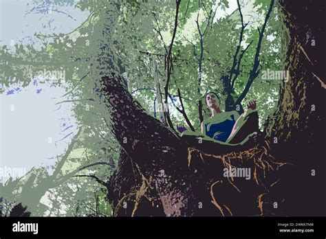 Illustration Of A Woman Practicing Meditation Sitting On A Tree In Lotus Pose Stock Photo Alamy