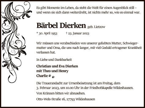 Traueranzeigen Von Bärbel Dierken Trauer Kreiszeitung De