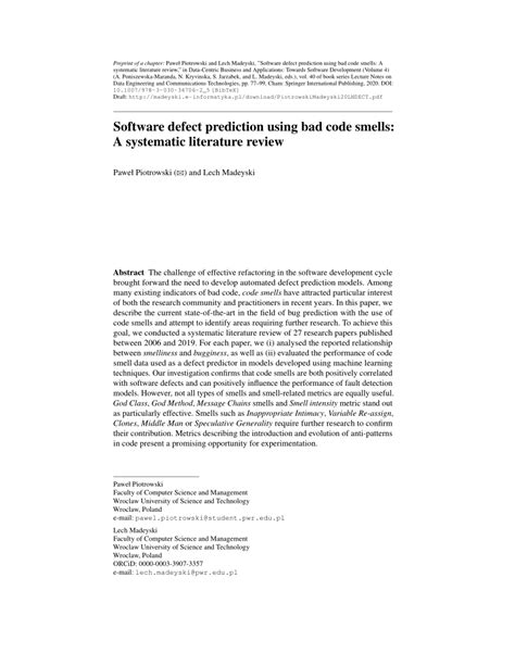 Pdf Software Defect Prediction Using Bad Code Smells A Systematic Literature Review