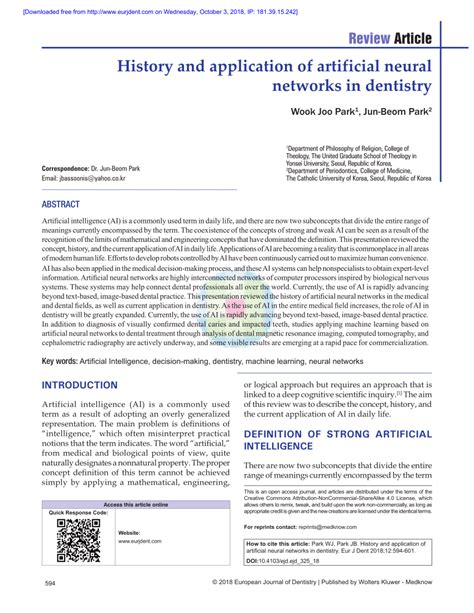 Pdf History And Application Of Artificial Neural Networks In Dentistry