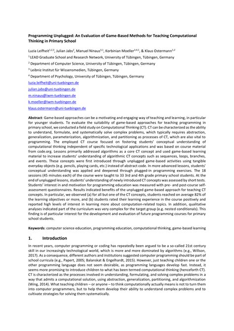 Pdf Programming Unplugged An Evaluation Of Game Based Methods For Teaching Computational