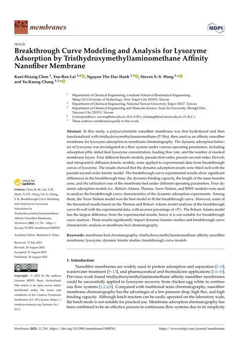 Pdf Breakthrough Curve Modeling And Analysis For Lysozyme Adsorption By Tris Hydroxymethyl