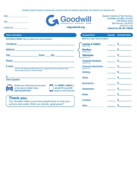 Printable Goodwill Donation Form
