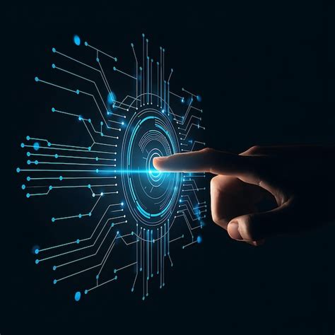 A Human Finger Gently Tapping A Luminous Digital Interface Surrounded