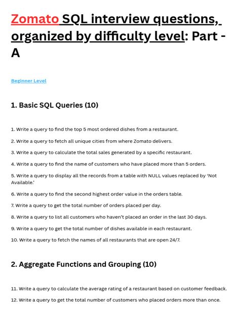 Sql Interview Prep For Zomato Pdf Restaurants Data Management