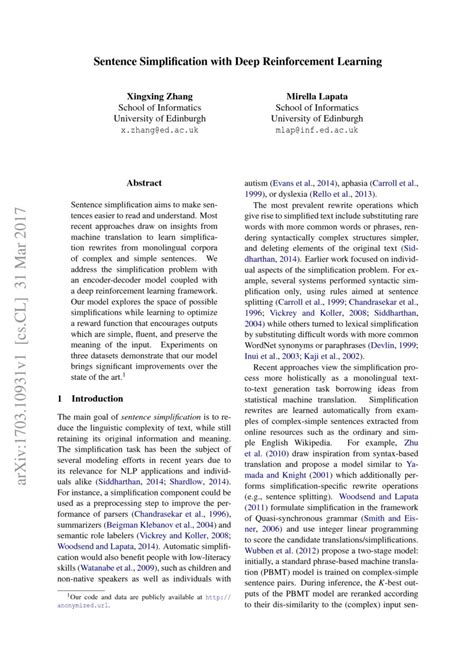Sentence Simplification With Deep Reinforcement Learning Deepai