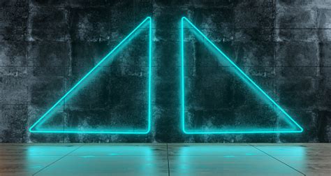 블루 네온 빛 삼각형 반사 3d 렌더링 나무 바닥과 콘크리트 벽 실 미술관에 대한 스톡 사진 및 기타 이미지 미술관 배경