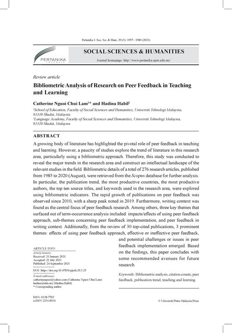 research on peer feedback in teaching and learning a bibliometric