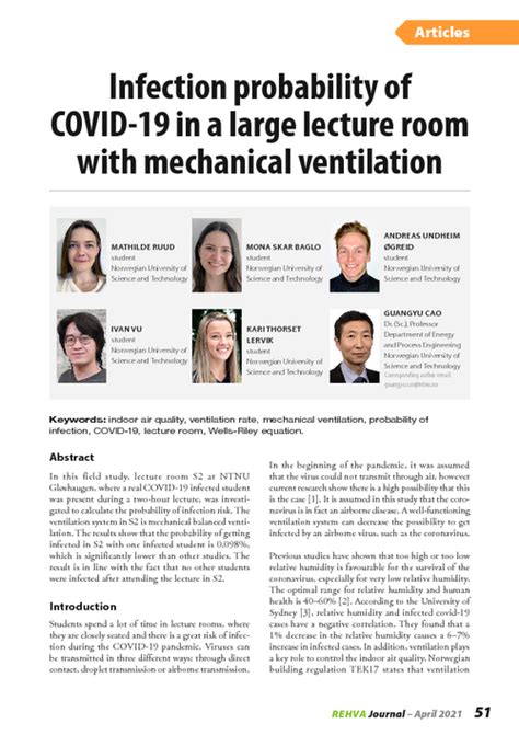 REHVA Journal Infection Probability Of COVID In A Large Lecture Room With Mechanical Ventilation
