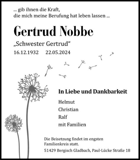 Traueranzeigen Von Gertrud Nobbe Wirtrauern