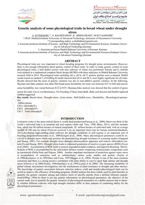 Pdf Genetic Analysis Of Some Physiological Traits In Bread Wheat Under Drought Stress