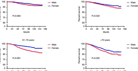survival curve of mss in stage ib patients in different ages groups