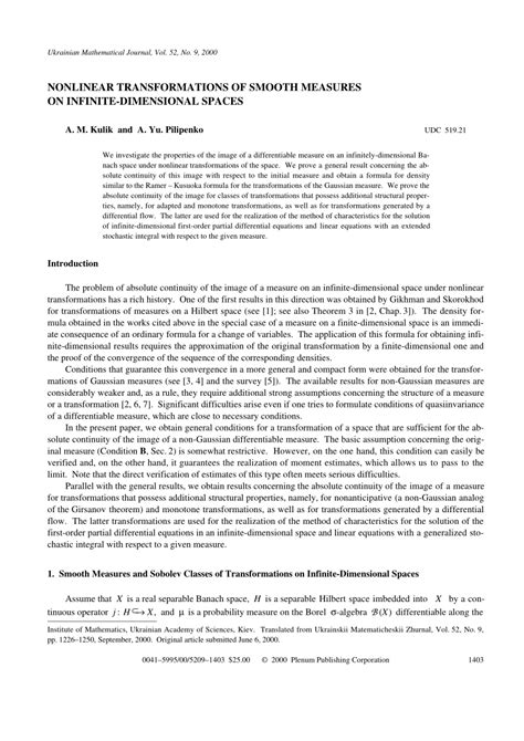 Pdf Nonlinear Transformations Of Smooth Measures On Infinite Dimensional Spaces