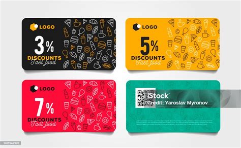 음식과 음료의 선형 패턴이있는 할인 카드 또는 바우처 패스트 푸드 템플릿 디자인 티켓에 대한 스톡 벡터 아트 및 기타 이미지 티켓 식사 음식 쿠폰 Istock