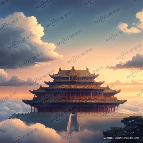 Ai创作图宫廷 中国式建筑 皇宫 祥云 太阳 云海 然绕 气势恢宏蓬勃 昵图网