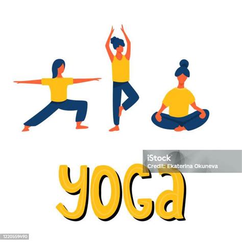 여자 스트레칭 과 일을 요가 벡터 플랫 일러스트 와 손으로 그린 글자 요가 스튜디오 활동적인 레크리에이션 건강한 라이프 스타일 필라테스 카드 디자인 균형에 대한 스톡 벡터