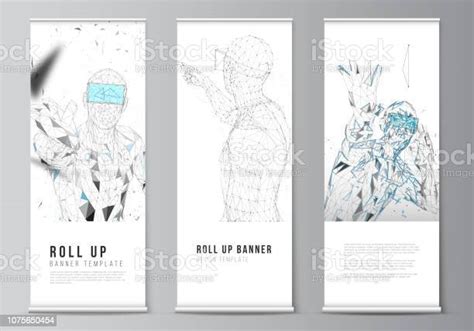 롤 배너 스탠드 수직 전단지를 편집 레이아웃의 벡터 일러스트 레이 션 플래그 비즈니스 템플릿 디자인 가상 현실 안경 남자입니다 추상 Vr 미래 기술 개념 3차원 형태에 대한