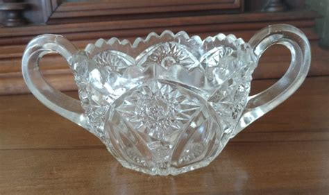 Vintage Pressed Glass Open Sugar Bowl With Handles Sawtooth Hobstar