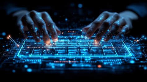 Futuristic Keyboard Interface With Hands Typing Showing Digital Elements And Technology Stock