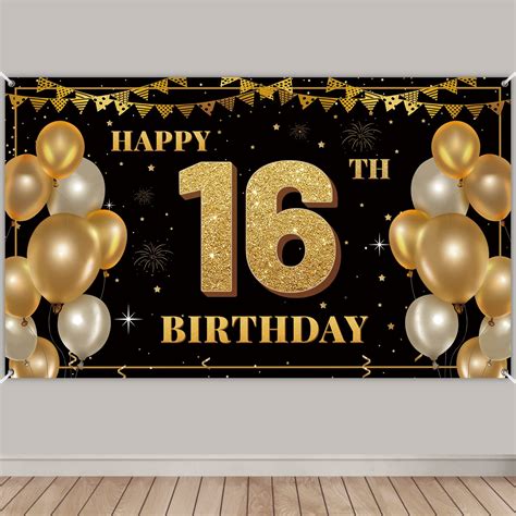 Buy TZSS Large Happy 16th Birthday Party Decoration Banner Black And
