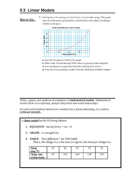 Linear Models Practise Problems Linear Models Warm Up Tables Graphs And Equations Are