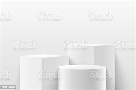 현대 웹 사이트에 제품에 대한 추상 큐브 및 원형 디스플레이 포디움과 최소한의 흰색 텍스처 벽 장면 3d 렌더링 기하학적 모양 회색 으로 배경 렌더링 벡터 일러스트레이션