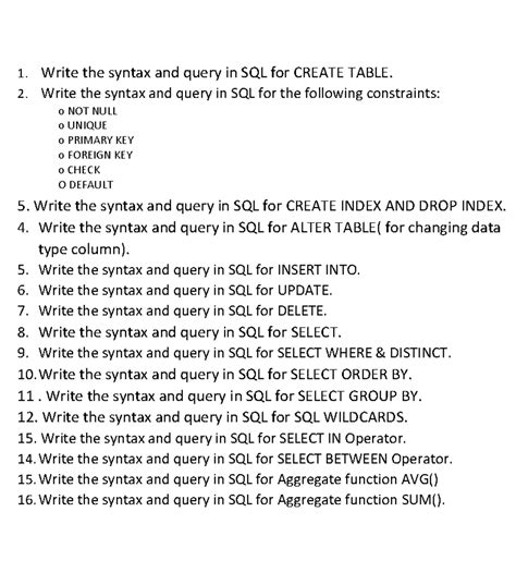 Dbms Practical File 1 Write The Syntax And Query In Sql For Create Table 2 Write The Syntax