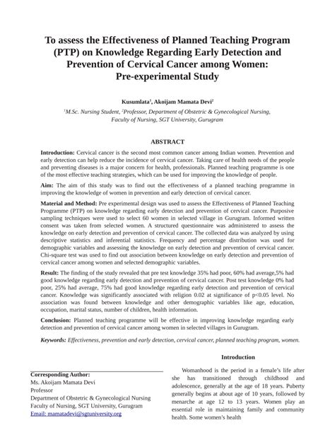 Pdf To Assess The Effectiveness Of Planned Teaching Program Ptp On Knowledge Regarding Early