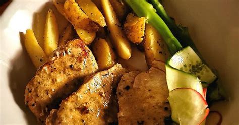 Pork Sirloin Pan Fried Poached In Cream Sauce Roasted Potato Wedges