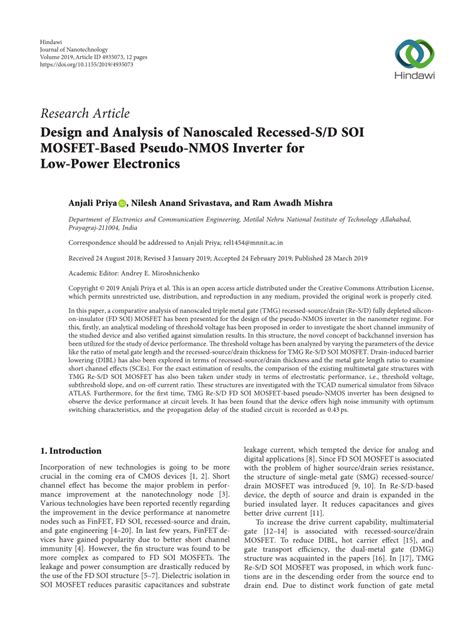 Pdf Design And Analysis Of Nanoscaled Recessed S D Soi Mosfet Based Pseudo Nmos Inverter For