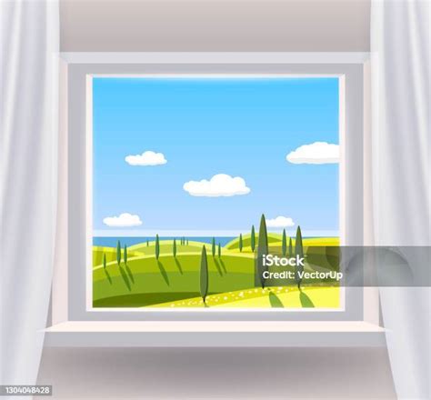 시골 풍경이 있는 개방형 창문 인테리어 주택 녹색 초원 들판의 창문을 감상할 때 봄여름 의 풍경이 펼쳐지며 벡터 일러스트레이션 가정 생활에 대한 스톡 벡터 아트 및 기타