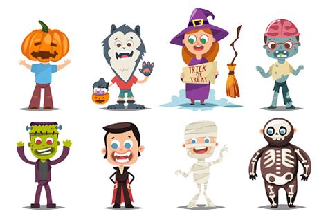 할로윈 아이 의상 호박 뱀파이어 늑대 인간 좀비 빗자루 미라와 해골 마녀 흰색 배경에 고립 된 귀여운 소년과 소녀 캐릭터의 벡터 만화 세트 할로윈에 대한 스톡 벡터 아트 및