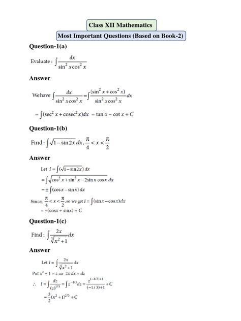 Class Xii Mathematics Important Questions Based On Book 2 Pdf