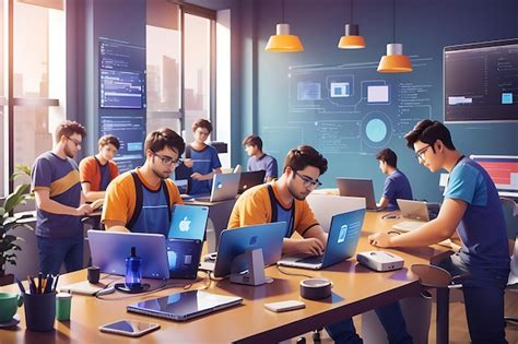 Premium Ai Image Scene Depicting A Team Of Developers Working On Mobile App Development Coding