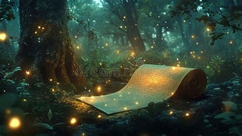 Ancient Glowing Fantasy Scroll Unrolling In A Mystical Forest Surrounded By Floating Lights And