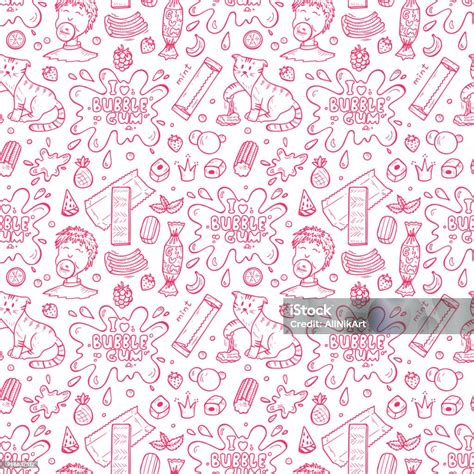 풍선껌 완벽 한 패턴입니다 손으로 그린 낙서 씹는 잇 몸 풍선껌을 사랑 해요 과자입니다 벡터 일러스트 레이 션 0명에 대한 스톡 벡터 아트 및 기타 이미지 Istock