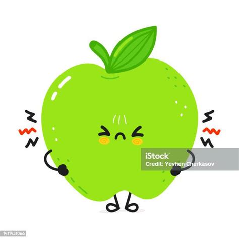 귀여운 화난 녹색 사과 캐릭터 벡터 손으로 그린 만화 카와이 캐릭터 일러스트 레이 션 아이콘 흰색 배경에 고립되어 있습니다 슬픈 녹색 사과 캐릭터 개념 0명에 대한 스톡