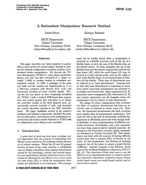 Pdf A Redundant Manipulator Research Testbed